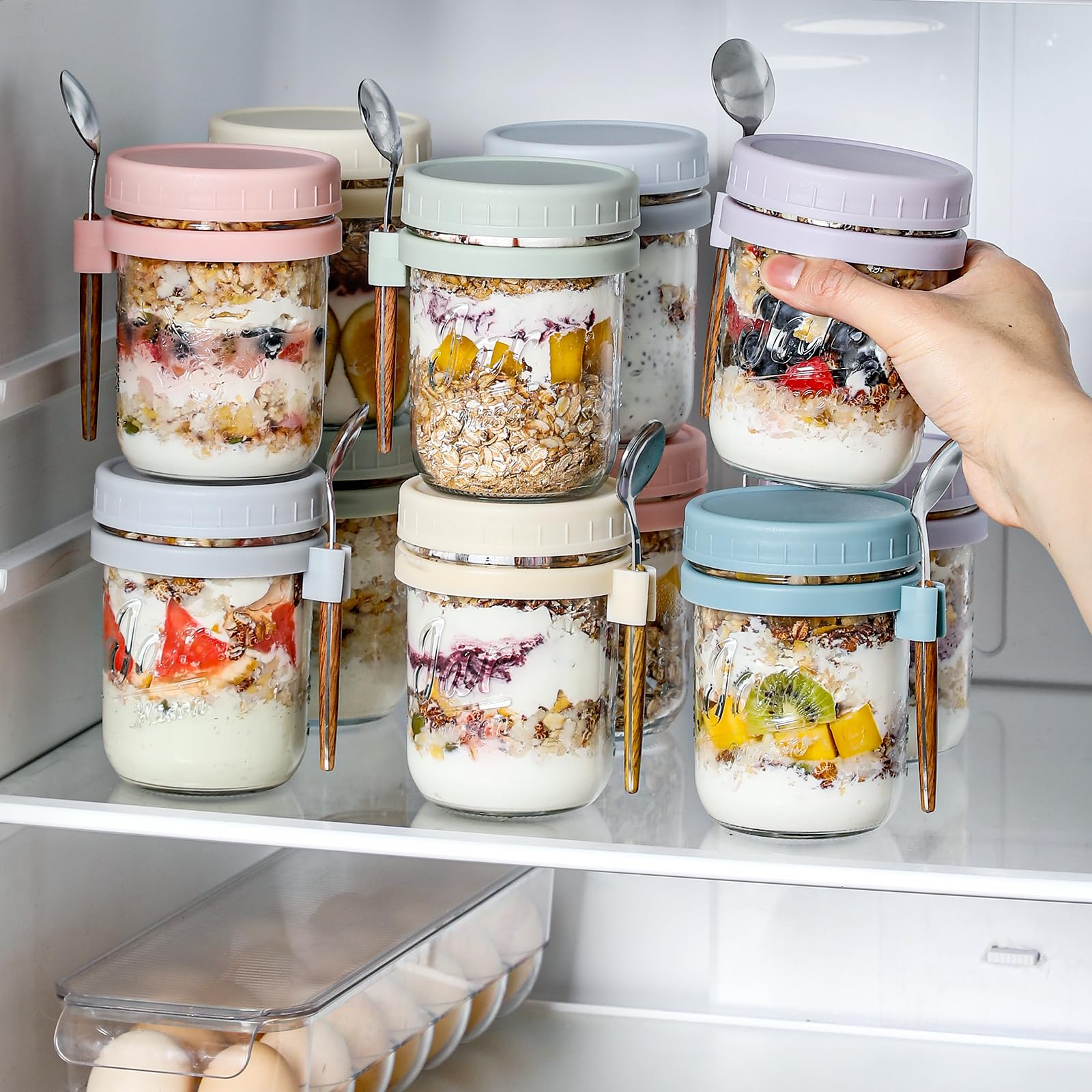 LANDNEOO 6 Pack Overnight Oats Containers with Lids and Spoons, 16 oz Glass Mason Overnight Oats Jars, Large Capacity Airtight Jars for Milk, Cereal, Fruit