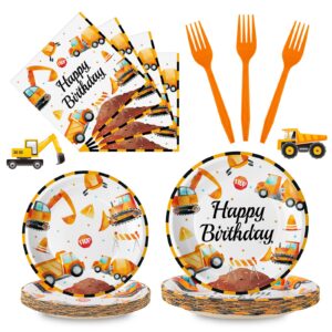 100 pcs construction birthday party supplies - construction themed plates and napkins forks set, disposable dump truck tableware for boys kids birthday party decorations favors, serve 25 guests