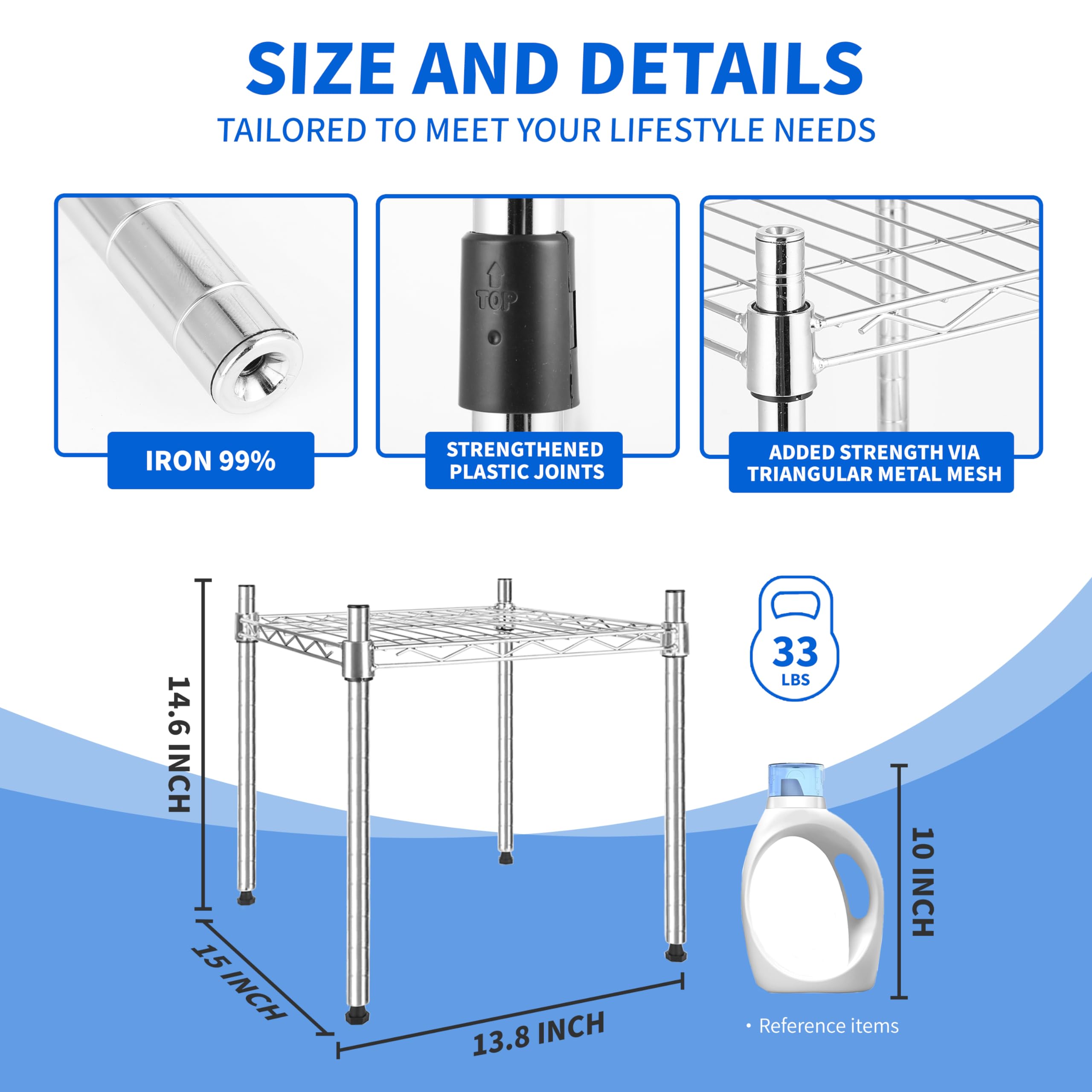 HealSmart Heavy Duty Shelving Unit, Wire Metal Stackable Storage, 1-Tier Shelf, Chrome, 15" W x 13.8" D x 15" H