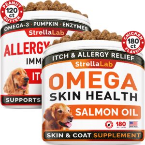 allergy relief + omega 3 dogs bundle - itchy skin treatment + allergy & itch relief skin&coat supplement - omega3 & pumpkin - dog itch relief - 300 chews - peanut butter + chicken flavor - made in usa