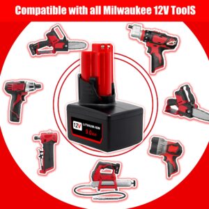 Cruruakku 9.0AH Replace for Milwaukee M12 Battery 12V 2pack 48-11-2490 48-11-2403 48-11-2402 48-11-2412,Compatible with Milwaukee 12v Cordless Power Tools.