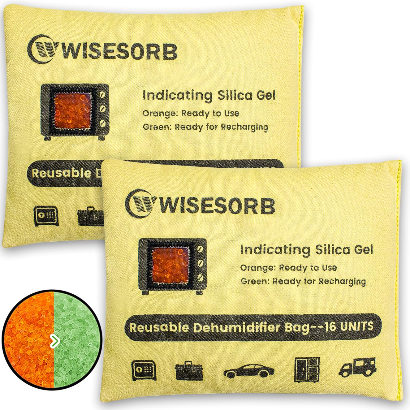 Wisesorb 500g x 2pcs Rechargeable Gun Safe Dehumidifier, Reactivated Desiccant Packs for Storage, Reusable Silica Gel Car Dehumidifier Bags Moisture Absorbers Closet Basement Garage