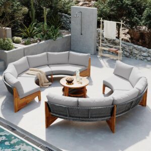 6-person outdoor seating group with coffee table, half moon patio sectional sofa set, all weather conversation sofa set with acacia wood frame and thick cushions for backyard poolside (grey+acacia)