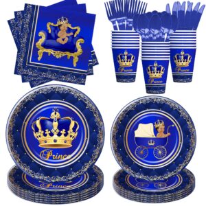 xenorik royal prince baby shower decorations party tableware boys - blue gold little prince baby boy decorations supplies, plate, napkin, cup, cutlery, prince baby boy table decorations | serve 24