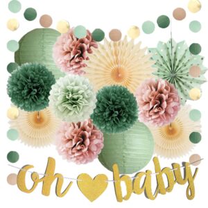 dusty rose and sage green baby shower decorations paper lanterns tissue paper pom poms olive sage green and dusty pink party decorations with oh baby banner gold for baby girls