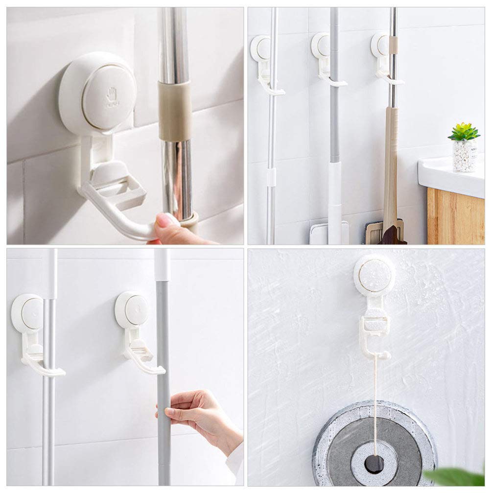 NPQPNAFC Wall Mounted Hooks Mop and Broom Holder Suction Cup Gripper Plastic Wall Mounted Organizer Storage Hooks Tool Hanger Racks for Kitchen Garden Garage Laundry Room White Hanger Hooks Hooks