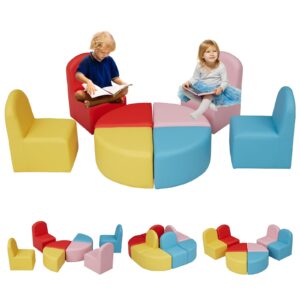 jsun7 kids couch daycare furniture - 8 pieces kids modular flexible seating set with colorful chairs and stools, kids sofa set leather couch for toddler, playroom preschool classroom home