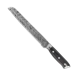 uielpt 8-inch patterned stainless steel bread knife - razor-sharp serrated edge, black wood handle - ideal for homemade bread, cake, and bagels