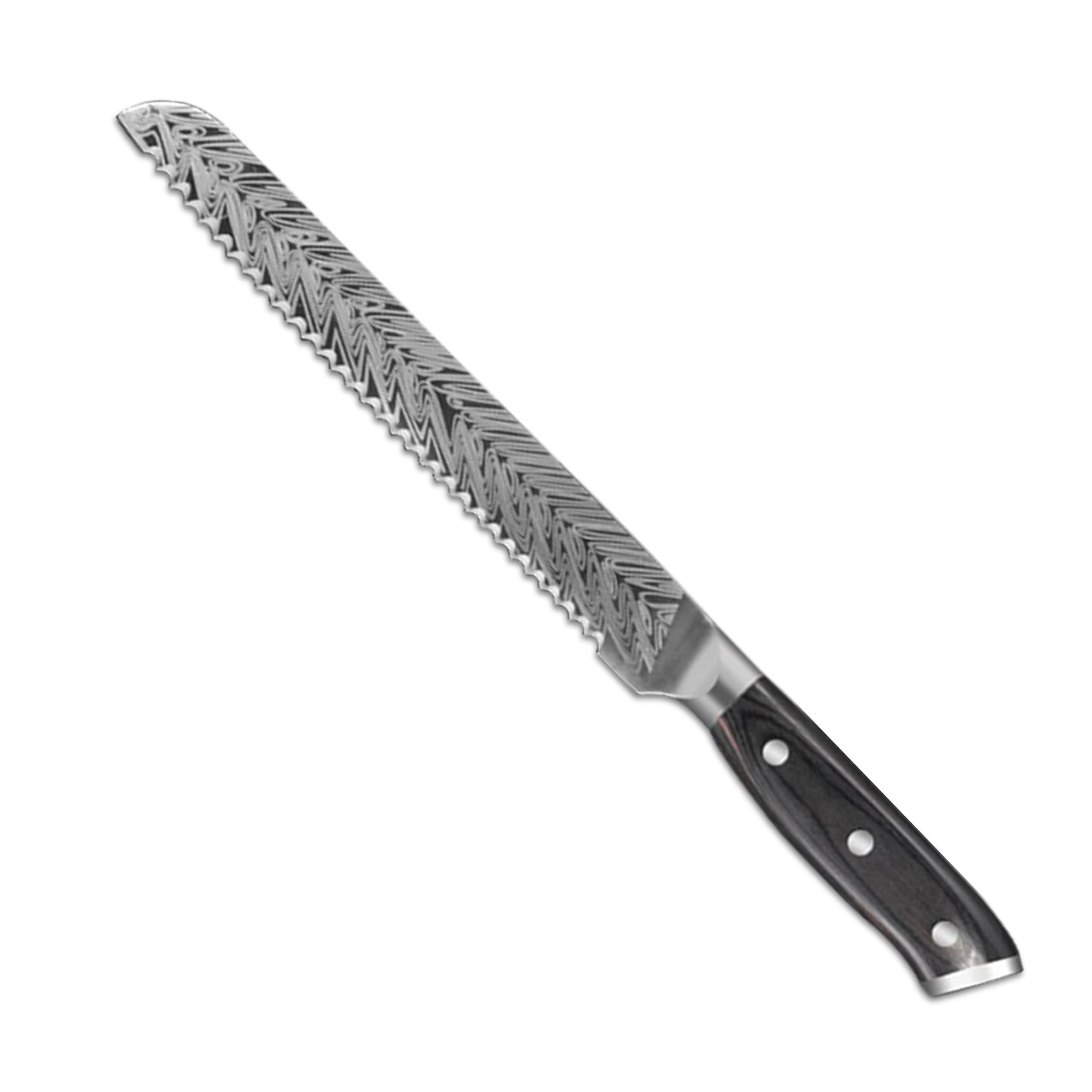 UIELPT 8-Inch Patterned Stainless Steel Bread Knife - Razor-Sharp Serrated Edge, Black Wood Handle - Ideal for Homemade Bread, Cake, and Bagels