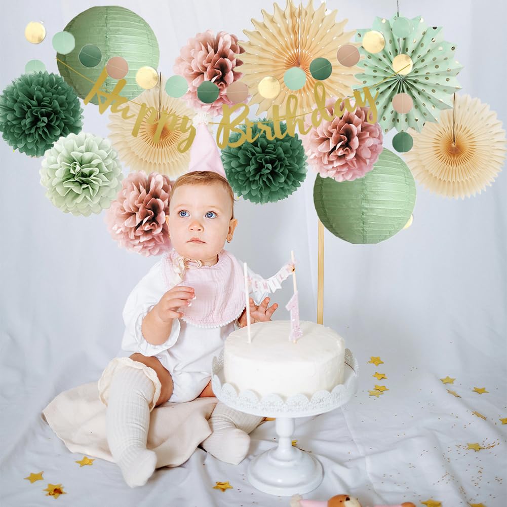 Sage Green and Dusty Pink Birthday Decorations Paper Lanterns Sage Green Cream Paper Fans Dusty Rose Tissue Paper Pom Poms Sage Green Pink Birthday with Happy Birthday Banner Gold for Girls Women