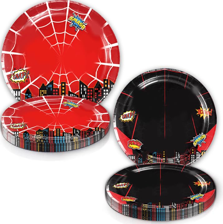 ANFGANC Spider Birthday Party Supplies - 40pcs Spider Plates Red Black Super Hero Disposable Paper Plate for Kids Boys Birthday Party Supplies Baby Shower Spider Tableware