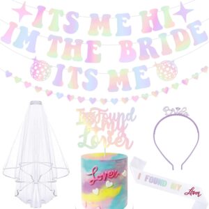 pre-strung its me hi i'm the bride its me banner garland i found my lover sash headband veil holographic bachelorette party banner iridescent for bachelorette party decorations singer inspired party decor