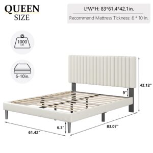 HAOARA Queen Size Platform Bed Frame with Velvet Upholstered Headboard, Queen Bed Frame with Strong Wood Slats, Box Spring Optional, Mattress Foundation, Easy Assembly Beige