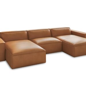 Valencia Nathan Nappa Leather Couch - 3 Seats with 2 Chaises - 100% Full Aniline Leather Modern Sectional Sofa for Lounge and Living Room Solid Wood Frame and High-Resilience Foam (Caramel Brown)