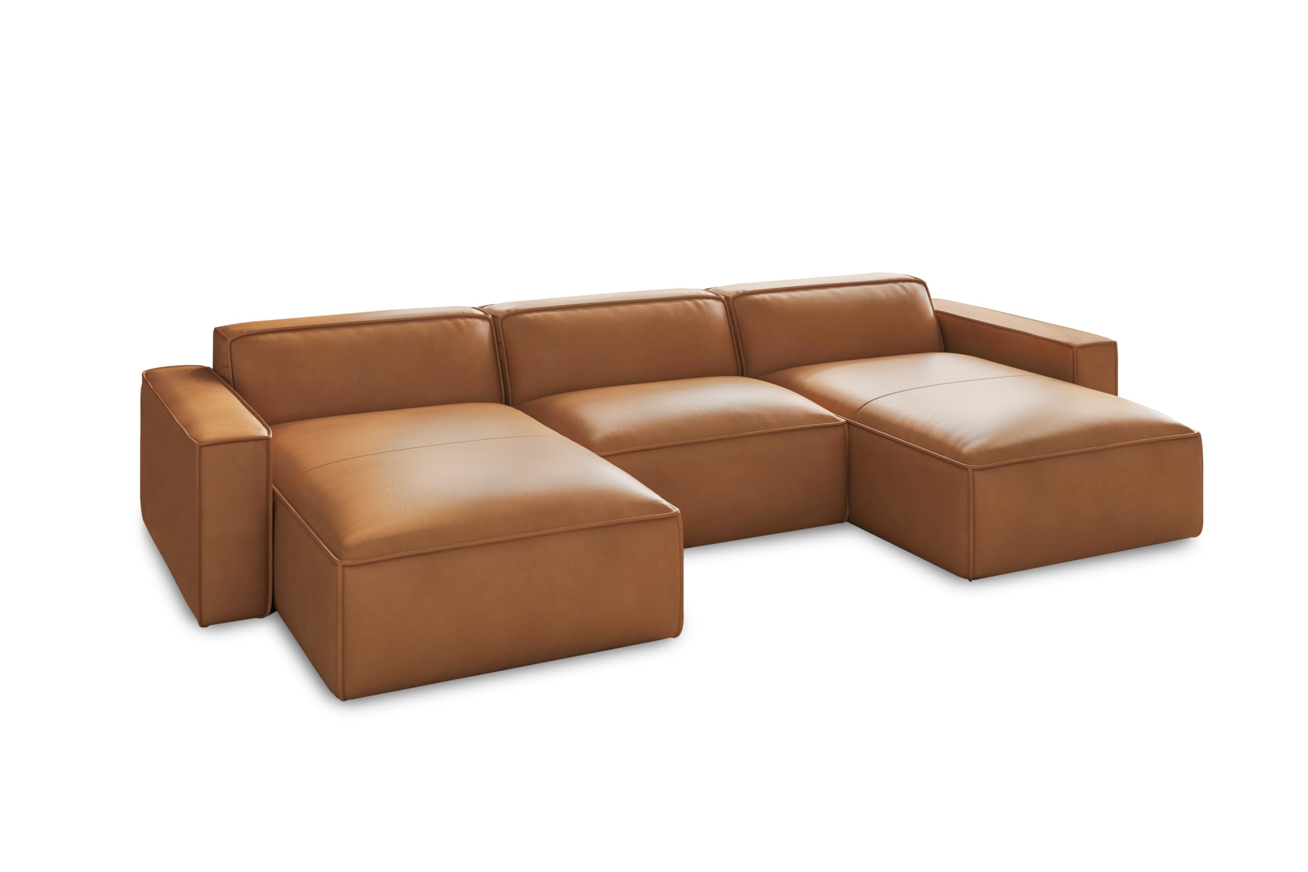 Valencia Nathan Nappa Leather Couch - 3 Seats with 2 Chaises - 100% Full Aniline Leather Modern Sectional Sofa for Lounge and Living Room Solid Wood Frame and High-Resilience Foam (Caramel Brown)