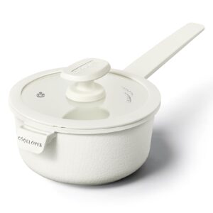 2qt ceramic sauce pan with lid, non-toxic, ptfe&pfoa free, induction compatible, multipurpose handy small saucepan nonstick with heat resistant handle (cream white)