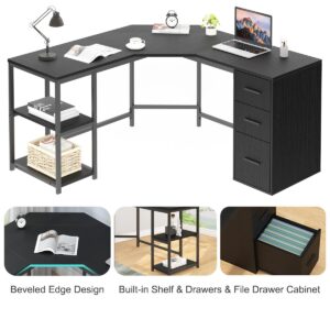 LVB Black L-Shaped Desk with File Drawers Cabinet, Reversible Corner Executive Computer Desk with Storage Shelves, Modern Large Work Study Writing Gaming L Shape Desk for Home Office Bedroom, 60 Inch