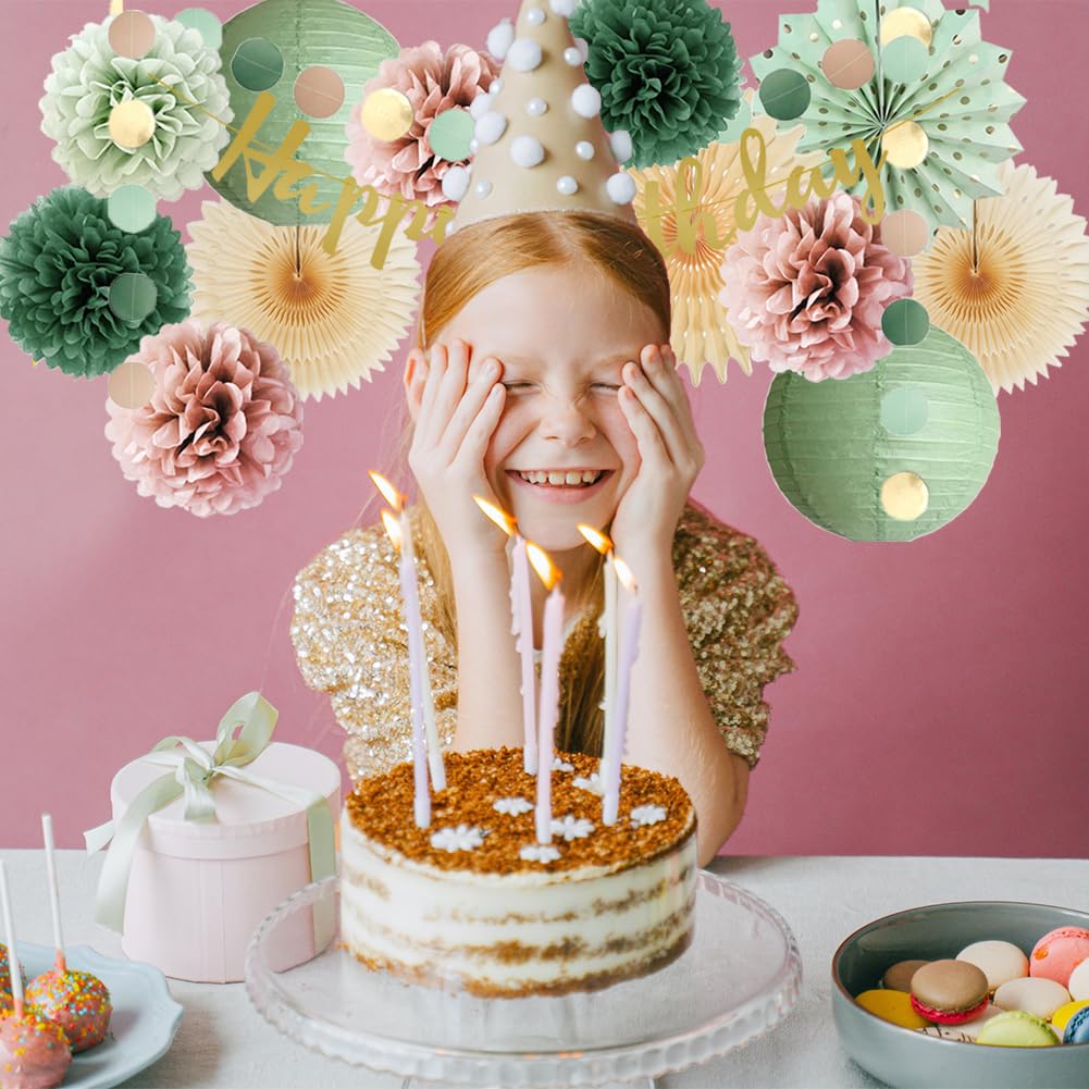 Sage Green and Dusty Pink Birthday Decorations Paper Lanterns Sage Green Cream Paper Fans Dusty Rose Tissue Paper Pom Poms Sage Green Pink Birthday with Happy Birthday Banner Gold for Girls Women