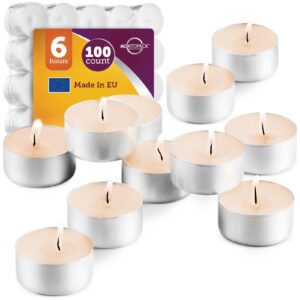 montopack unscented white tealight candles bulk [100] | 6 hours of smokeless, dripless, long lasting burning paraffin tea lights | small votive mini candles for home, shabbat, weddings & emergencies