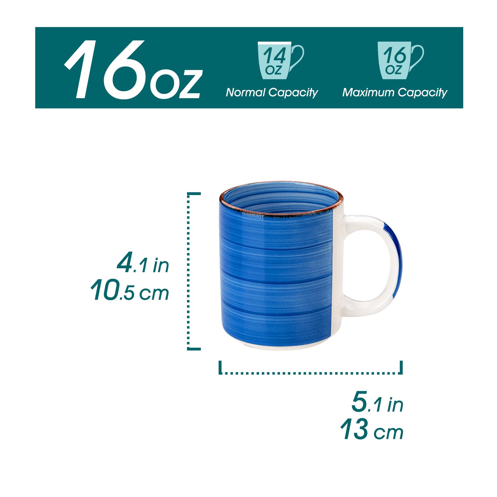 vancasso Bonita Ceramic Coffee Mug Set of 6,16 Oz Coffee Cups with Large Handle for Tea,Latte,Cappuccino,Milk,Cocoa,Dishwasher&Microwave Safe(Blue)