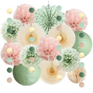 sage green and blush pink party decorations paper lanterns sage green cream paper fans light pink tissue paper pom poms for sage green and dusty pink birthday baby shower bridal shower wedding