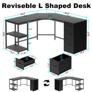 LVB Black L-Shaped Desk with File Drawers Cabinet, Reversible Corner Executive Computer Desk with Storage Shelves, Modern Large Work Study Writing Gaming L Shape Desk for Home Office Bedroom, 60 Inch