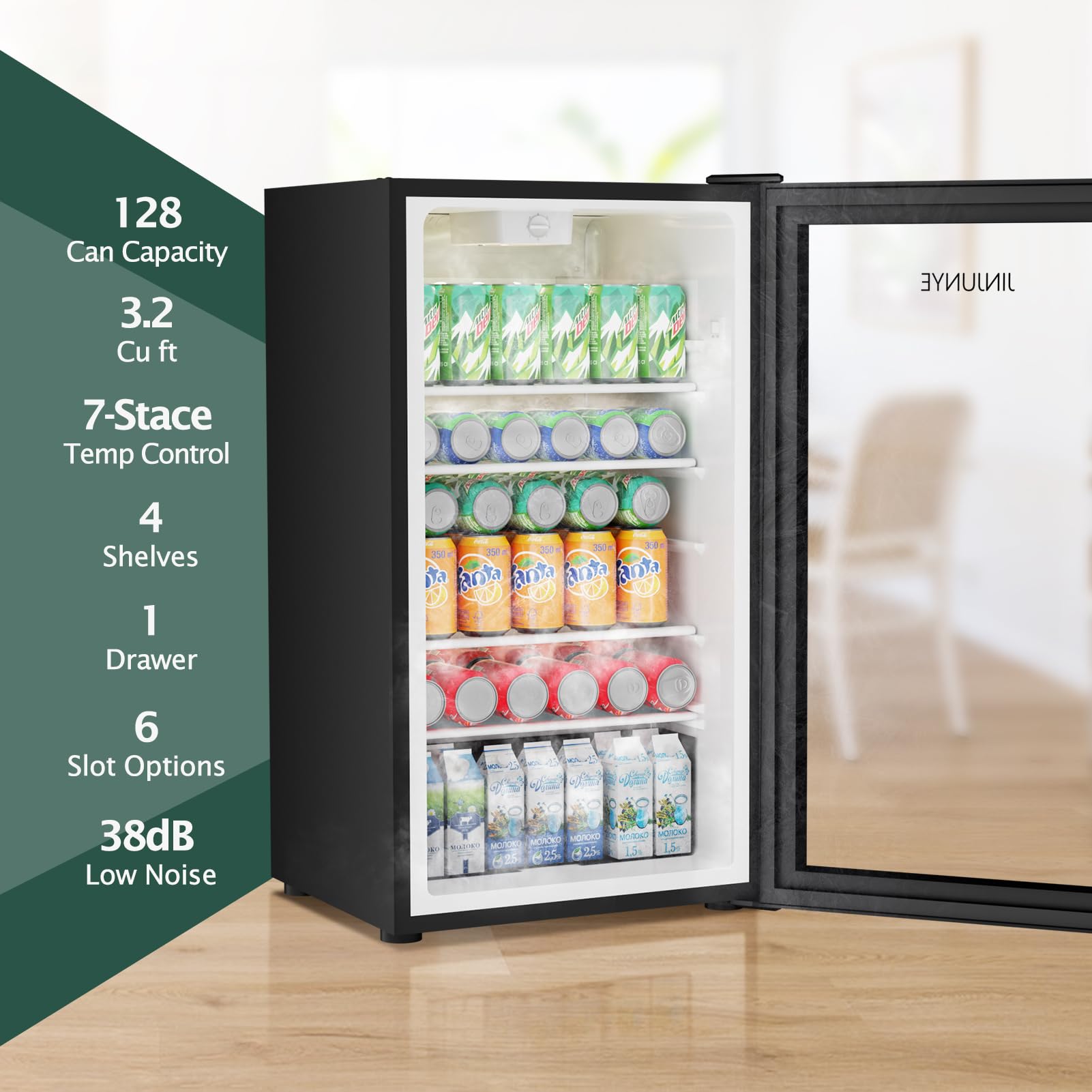 JINJUNYE Beverage Refrigerator Cooler, 128 Can 3.2Cu.ft Mini Fridge, Small Refrigerator Glass Door for Beer Drinks Soda Wine, Beverage Fridge with Adjustable Removable Shelves for Home Office Bar