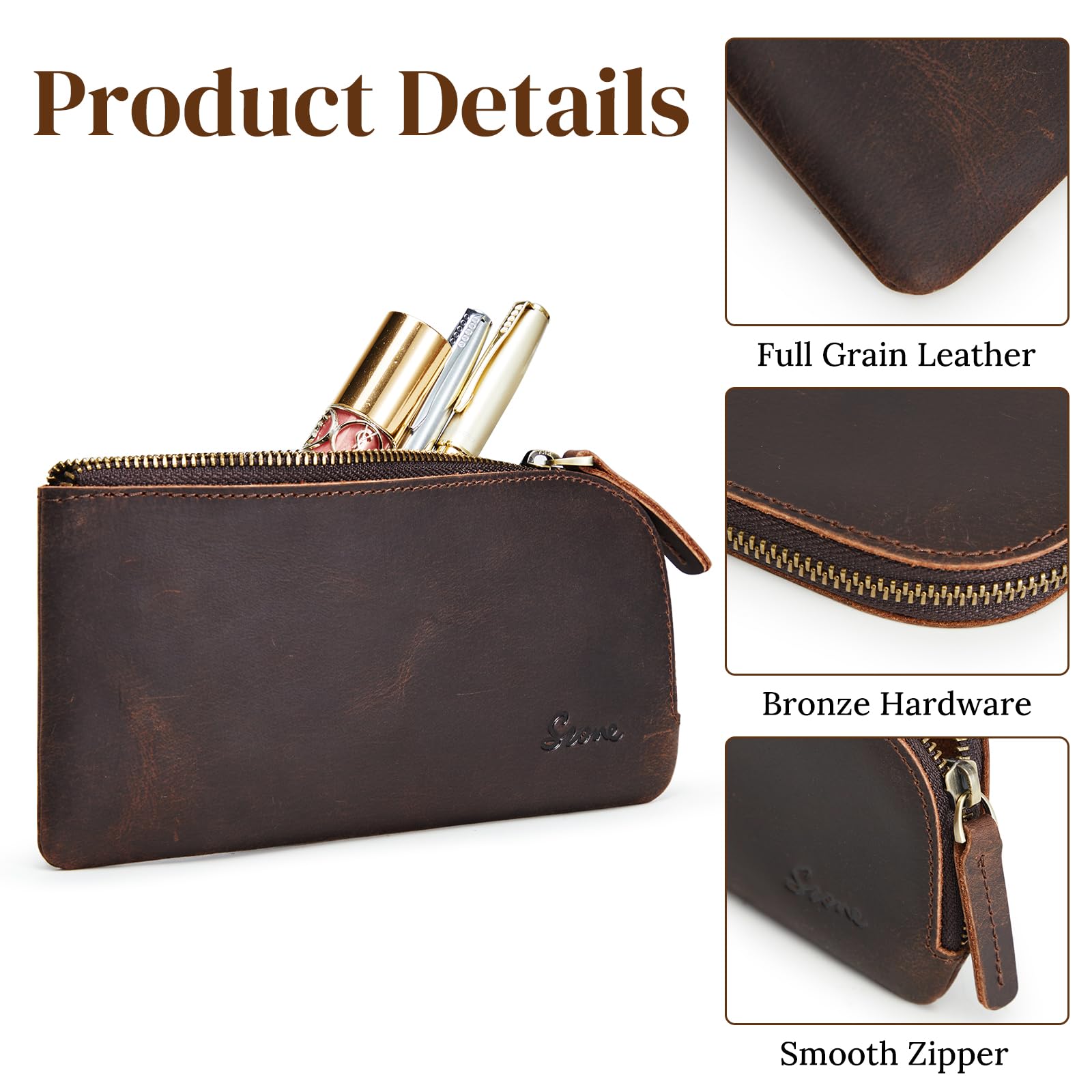 S-ZONE Top Grain Leather Pencil Pouch Small Zipper Bag for Pens Makeups Change Coins