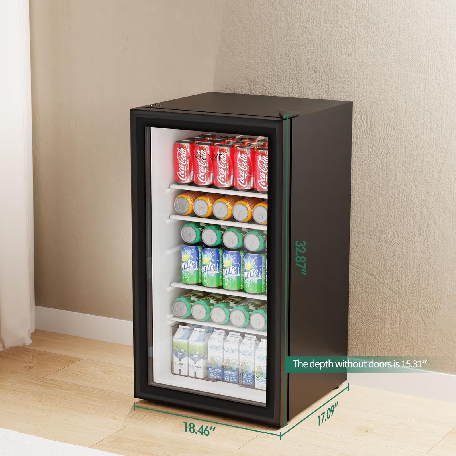 JINJUNYE Beverage Refrigerator Cooler, 128 Can 3.2Cu.ft Mini Fridge, Small Refrigerator Glass Door for Beer Drinks Soda Wine, Beverage Fridge with Adjustable Removable Shelves for Home Office Bar