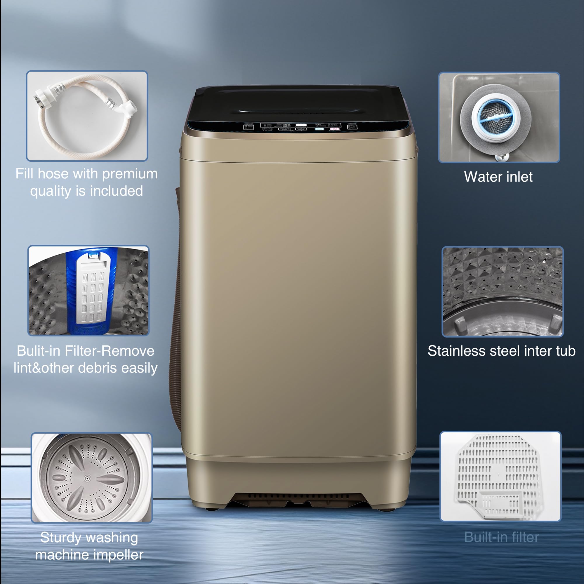 JANREAY Portable Washing Machine 13.3lbs Full Automatic Washing Machine 2 In 1, 10 Programs & 8 Water Levels with LED Display, Child Lock, for Apartment, Dorm, RV, and More Gold