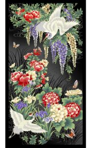 generic asian quilting, sewing fabric - tsuru crane and floral garden - 5256 - fabric panel, black