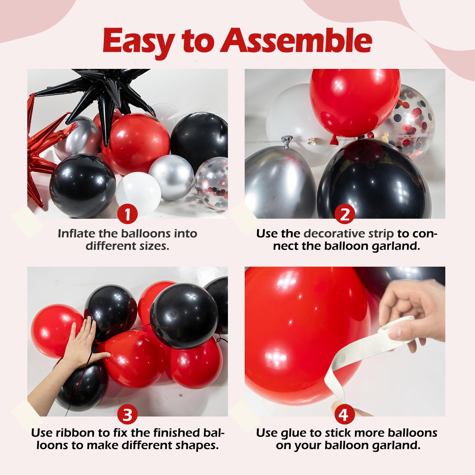 Red and Black Balloon Arch Kit with Star Balloons, Red Black and White Metallic Silver Balloon Arch Garland Kit for Birthday Prom Red Black Graduation 2024 Party Decorations