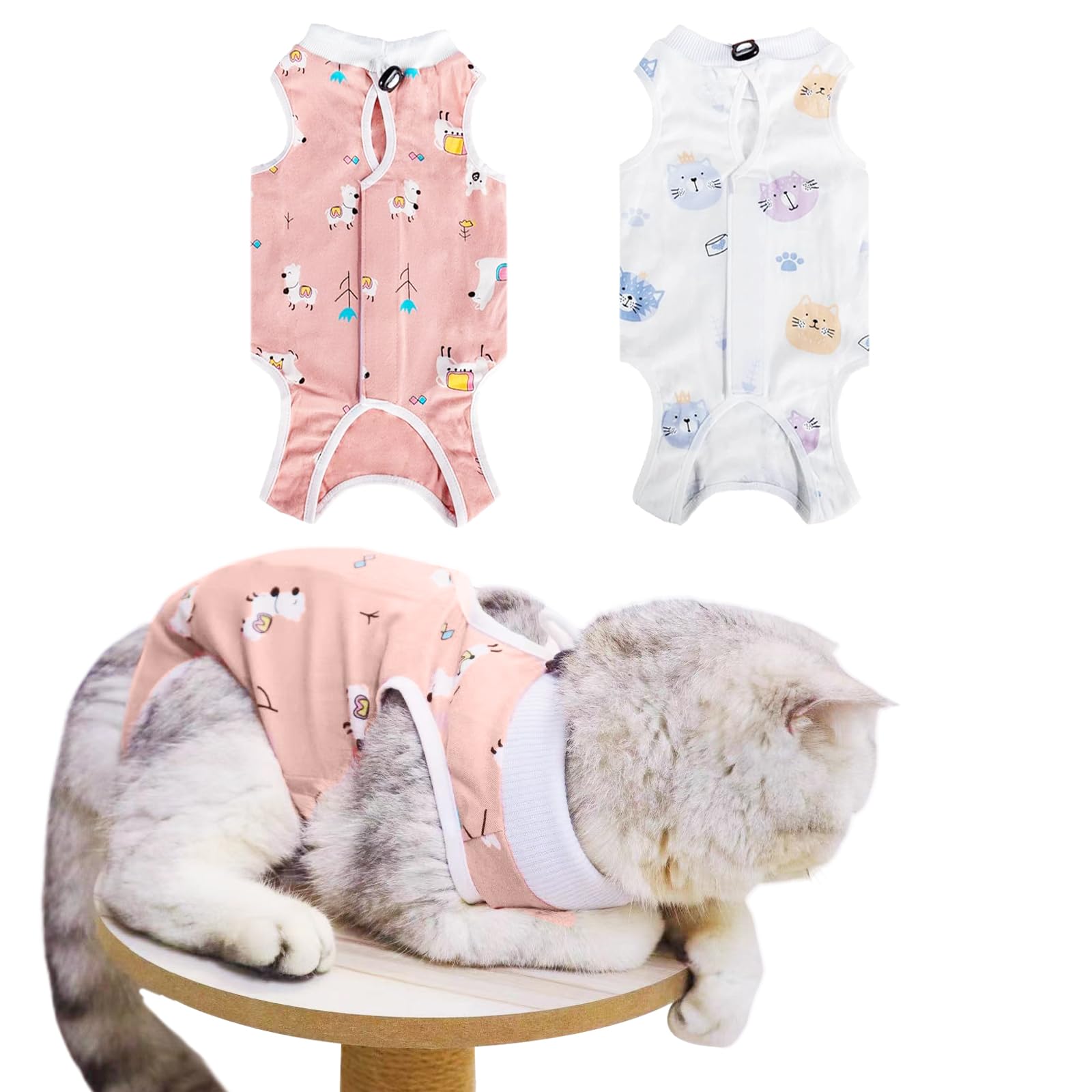 2 Pcs Cat Surgery Recovery Suit, Cat Onesie for Cats After Surgery, Cat Recovery Suit Anti Licking Wounds, Cat Outfit E-Collar Alternative for Cats, Cat Spay Recovery Suit Female (Sheep+Cat, Large)