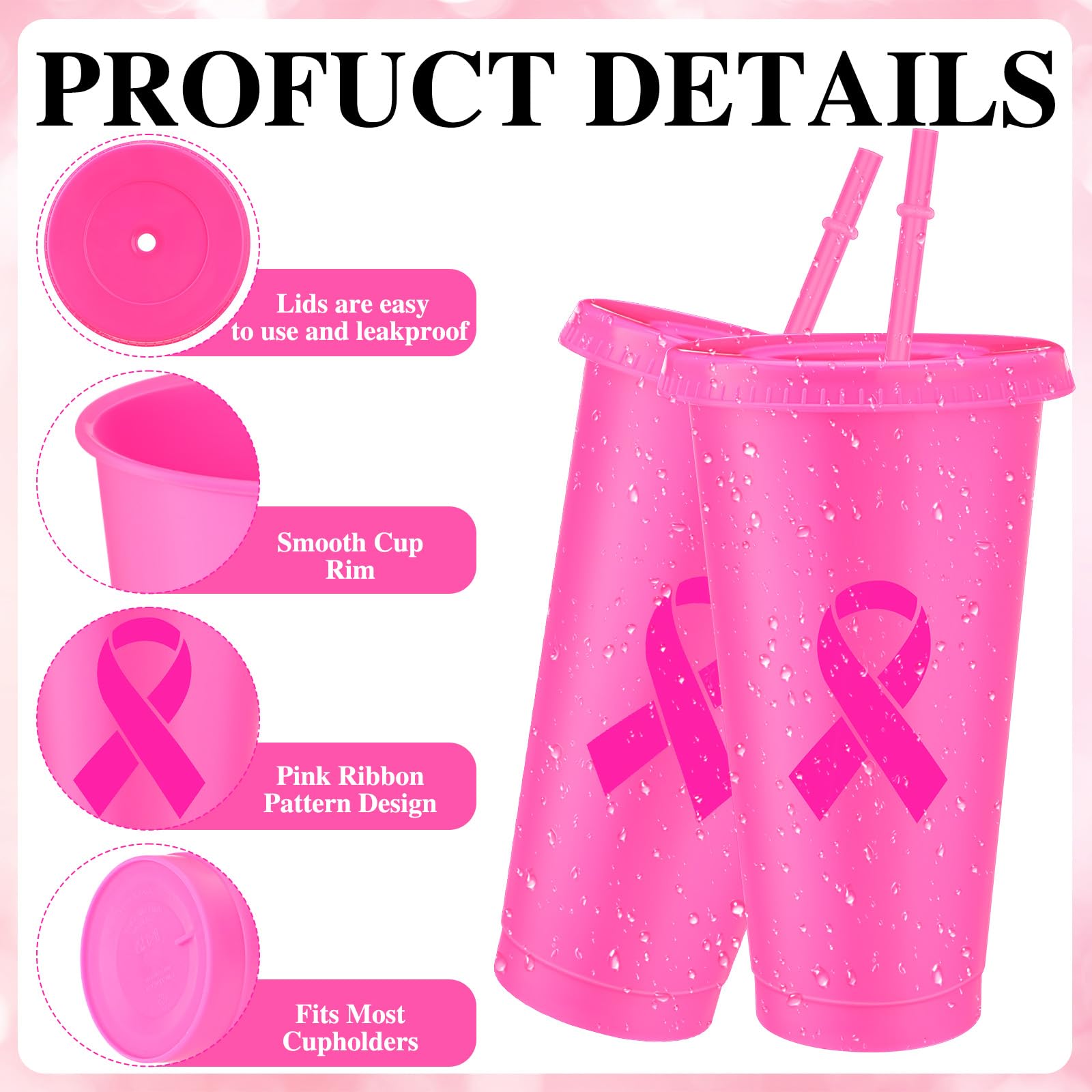 Yiyiring 12 Pcs Breast Cancer Awareness Plastic Tumblers with Lids and Straws Breast Cancer Awareness Cups Breast Cancer Water Bottle Bulk 24 oz Inspirational Ribbon Breast Cancer Cup Gift for Women