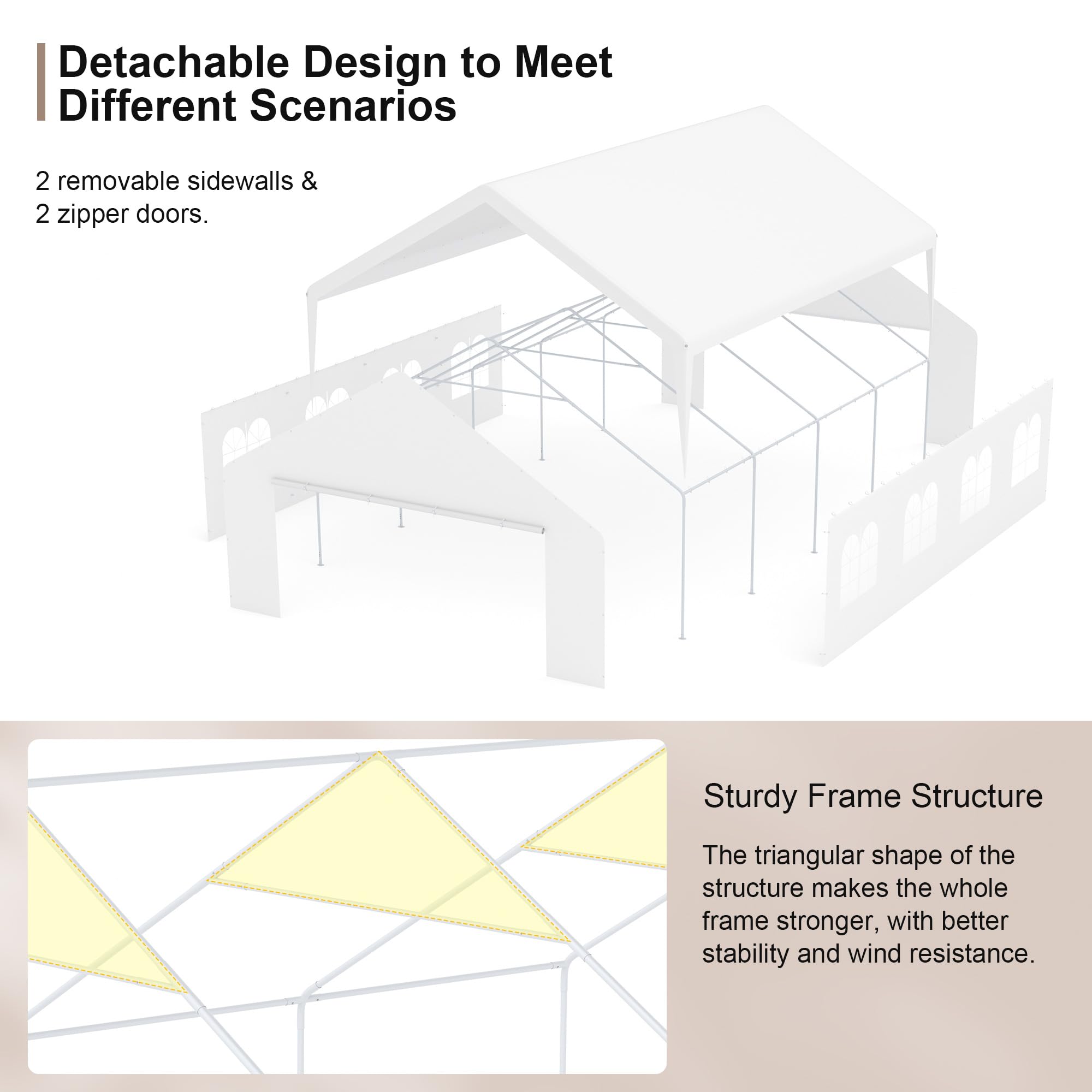 GOJOOASIS 20' x 26' Heavy Duty Carport with Roll-up Visual Windows, Reinforced Party Tent with Removable Sidewalls & Doors for Parties, Wedding, Outdoor Events, Car Canopy with All-Season Tarp, White