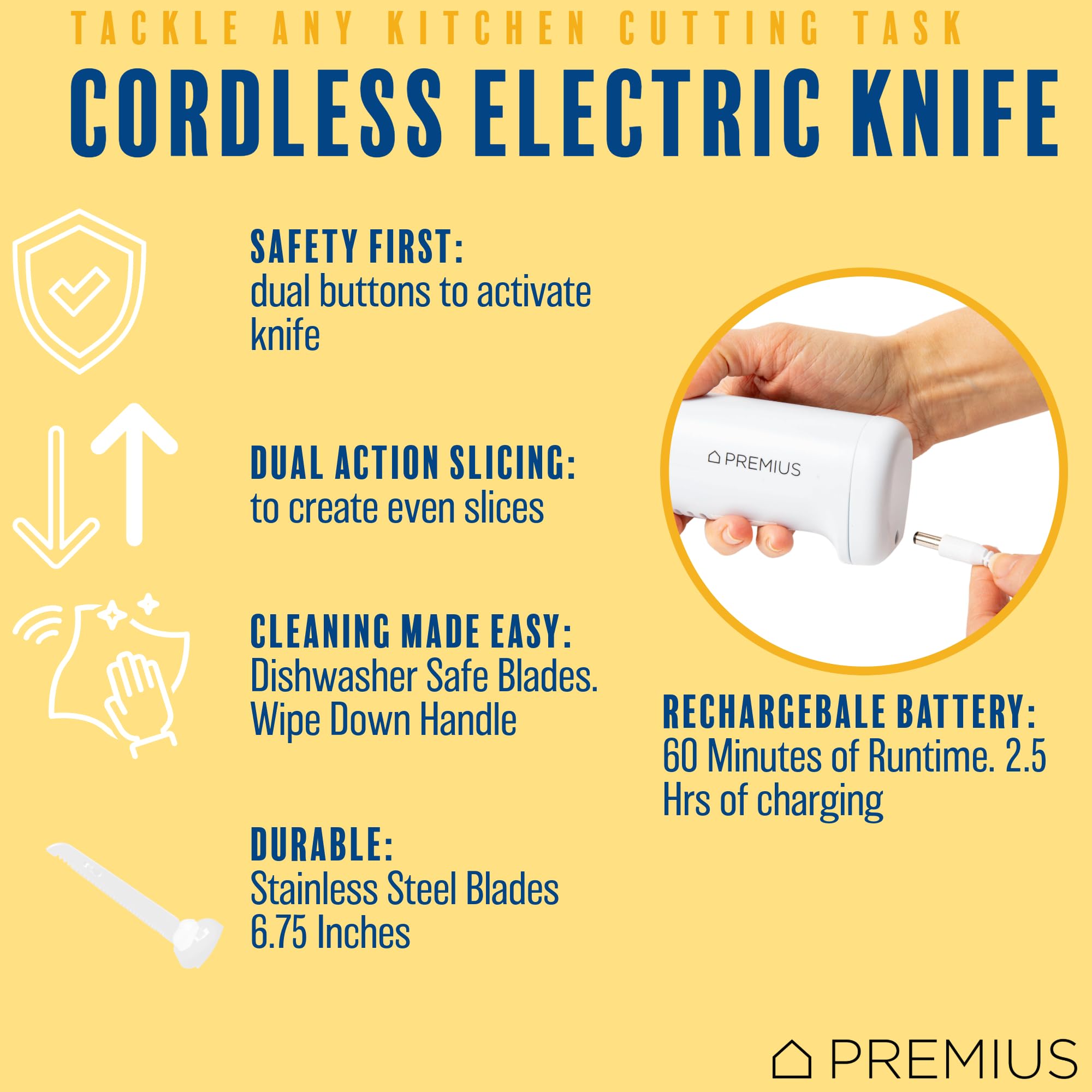 Professional Cordless Rechargeable Easy-Slice Electric Knife, Reciprocating Serrated Stainless-Steel Blades, Safety-Lock Trigger Release, Carving Meats, Turkey, Breads, Fruit, Crafting Foam, White