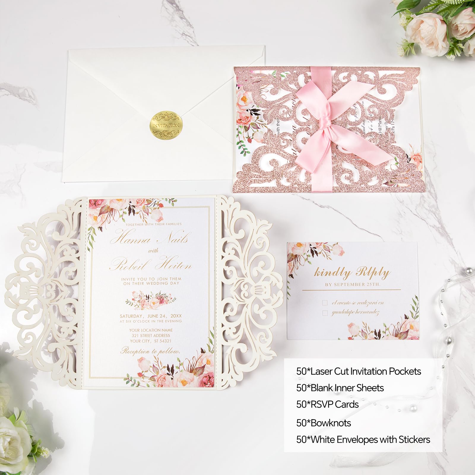 50PCS Wedding Invitation, Pink Laser Cut Invitations with Envelopes and RSVP Cards for Wedding Engagement Baby Bridal Shower Quinceanera Birthday Party Invites