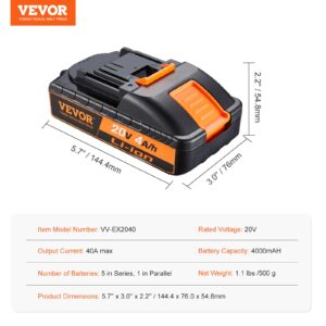 VEVOR 20V 4.0Ah Lithium-Ion Battery - High-Capacity Replacement Battery Pack for Power Tools Batteries, Compatible with 20V Cordless Power Tools