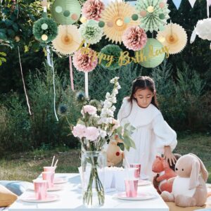 Sage Green and Dusty Pink Birthday Decorations Paper Lanterns Sage Green Cream Paper Fans Dusty Rose Tissue Paper Pom Poms Sage Green Pink Birthday with Happy Birthday Banner Gold for Girls Women