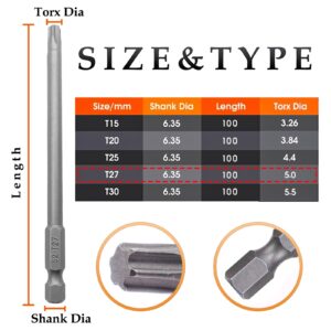 generic 10Pcs Torx Screwdriver Bit Set,1/4 Inch Hex Shank T27 Magnetic S2 Steel 100mm Length Torx Bit Set(T27), Silver