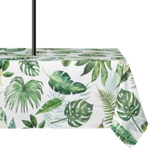 yighty outdoor tablecloth with umbrella hole 60x84inch,spring summer palm leaf outdoor zipper tablecloth,waterproof and wrinkle-free washable rectangular tablecloth for picnics,party,camping and bbq