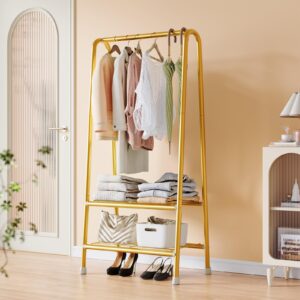 Gold Garment Rack, Metal Clothes Racks, Sturdy Clothing Racks, Premium Wardrobe Rack, Closet Organizers and Storage with Double Layer Shelf for Storing Clothes, Shoes, Bags, 24.4 * 13.8 * 62Inches