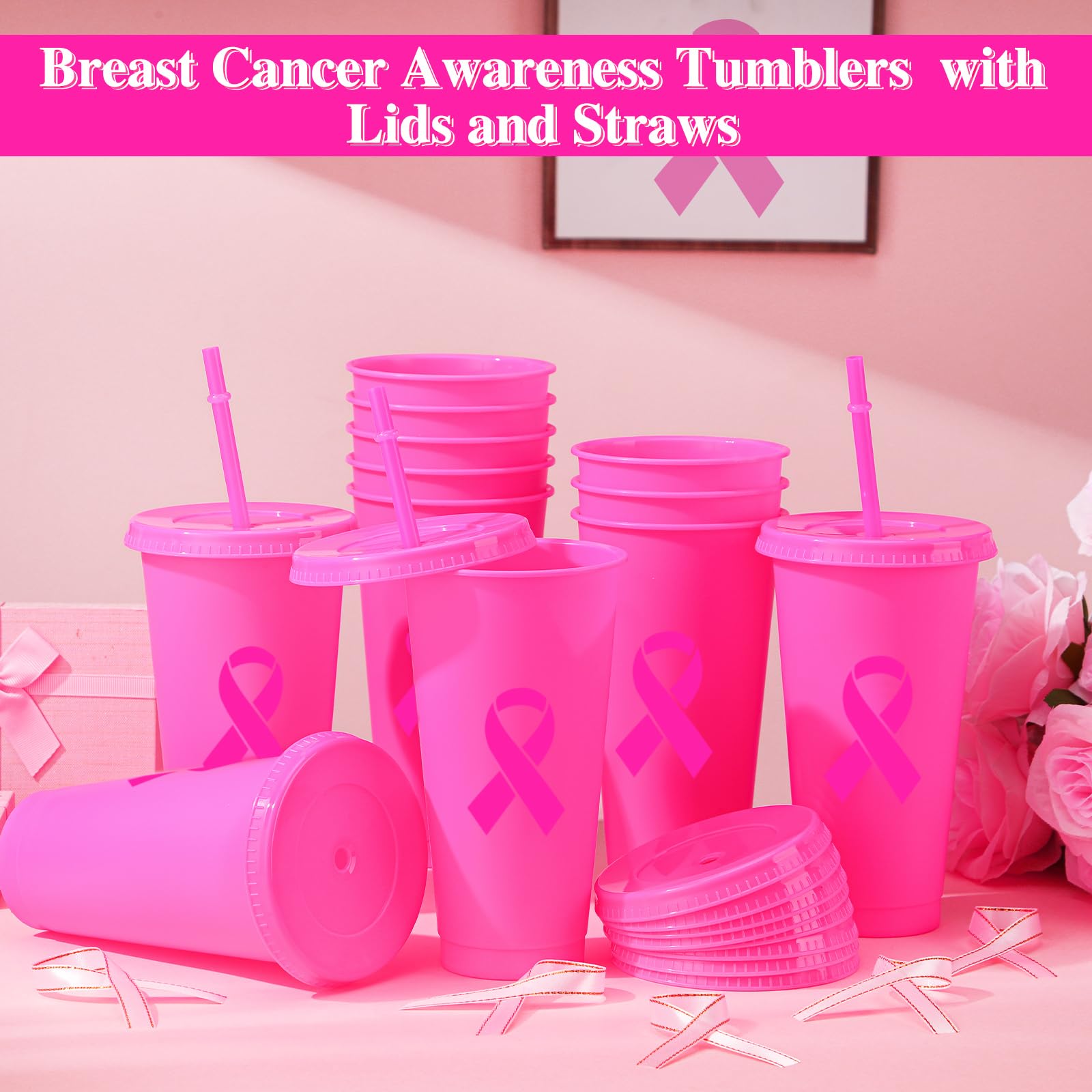 Yiyiring 12 Pcs Breast Cancer Awareness Plastic Tumblers with Lids and Straws Breast Cancer Awareness Cups Breast Cancer Water Bottle Bulk 24 oz Inspirational Ribbon Breast Cancer Cup Gift for Women