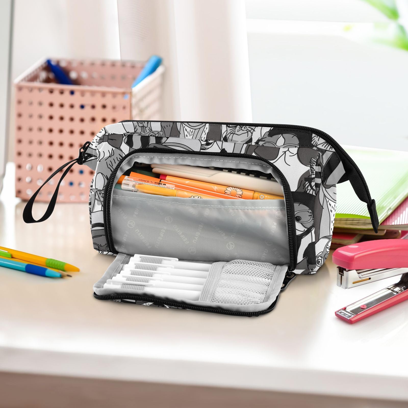 Bolaz Big Capacity Pencil Pen Case Pouch Bag School College Office Organizer for Teens Girls Adults Student-Cats Dogs in Glasses