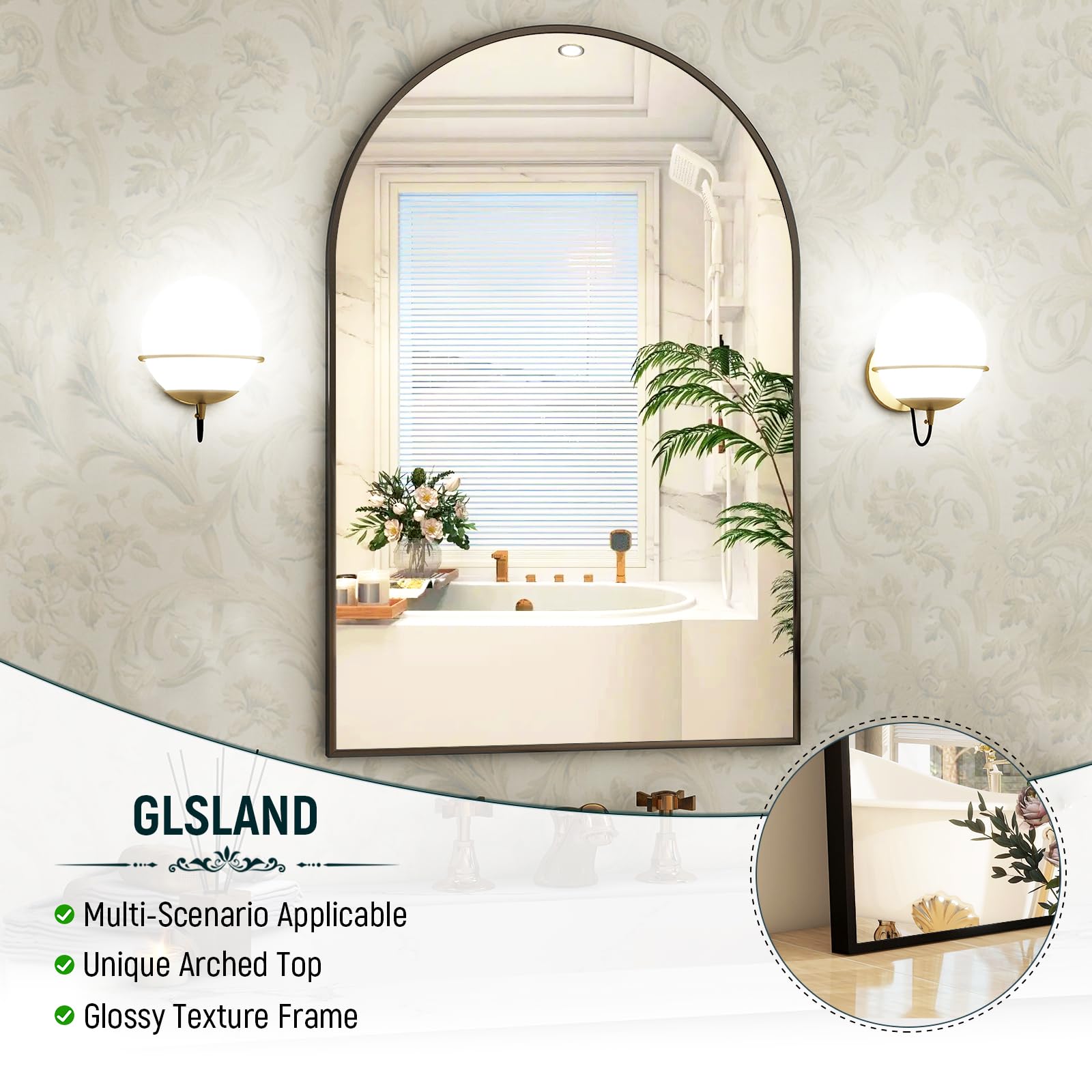 GLSLAND 26x38 inch Arch Bathroom Mirror - Arched Bathroom Mirror/Wall Mounted Vanity Mirror - Arch Metal Frame Wall Mirror for Bathroom Bedroom Living Room, Black