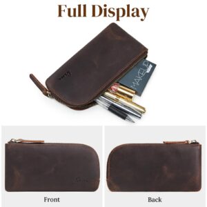 S-ZONE Top Grain Leather Pencil Pouch Small Zipper Bag for Pens Makeups Change Coins