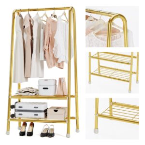 Gold Garment Rack, Metal Clothes Racks, Sturdy Clothing Racks, Premium Wardrobe Rack, Closet Organizers and Storage with Double Layer Shelf for Storing Clothes, Shoes, Bags, 24.4 * 13.8 * 62Inches