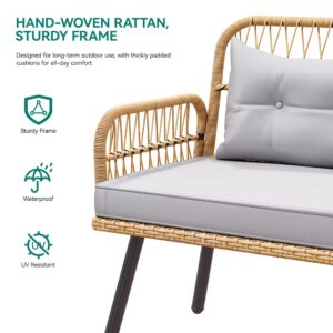 YITAHOME Patio Wicker L-Shaped Furniture Set, All-Weather Rattan Outdoor Conversation Sofa Set for Backyard Deck with Soft Cushions,Ottomans and Plastic Wood Dining Table (Light Brown+Gray)