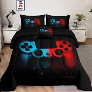 5 pieces bed in a bag for gaming bedding set,boys gamer comforter set with flat sheet,fitted sheet,pillowcases,cushion cover,game console pattern bed set for kids boys room decor a07t