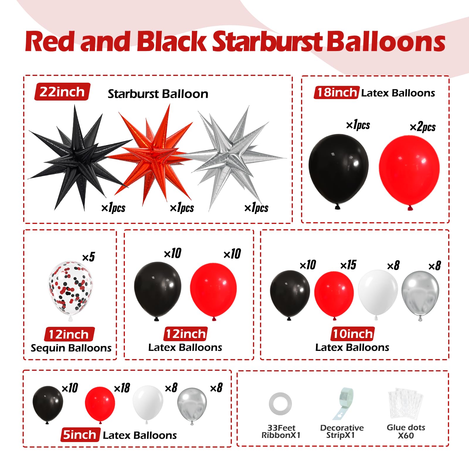 Red and Black Balloon Arch Kit with Star Balloons, Red Black and White Metallic Silver Balloon Arch Garland Kit for Birthday Prom Red Black Graduation 2024 Party Decorations